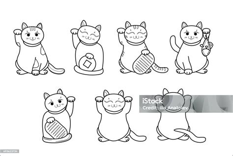 다른 마네 네 코 Neco 설정 제기 발 일본 운 상징을 가진 고양이 벡터 그림 동전 물고기와 함께 애완고양이에 대한 스톡 벡터