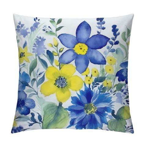 Nawypu Throw Pillow Cover Watercolor Floral Wildflowers Blue Yellow
