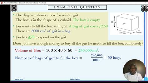 Volume Of Cuboid Part 2 Exam Style Volume Of Cuboid Question Youtube