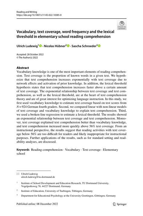 Pdf Vocabulary Text Coverage Word Frequency And The Lexical Threshold In Elementary School