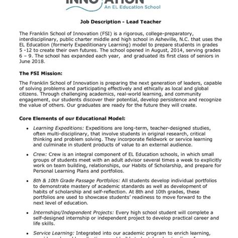 Lead Teacher Job Description 2019 Updated Franklin School Of Innovation