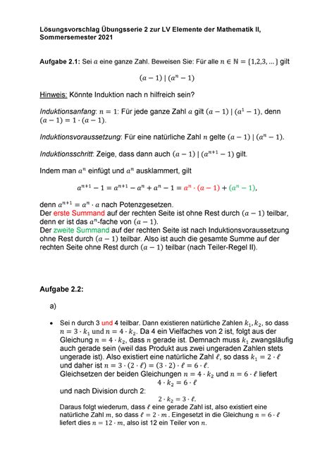 Lösungen Serie 2 Lösungsvorschlag Übungsserie 2 zur LV Elemente der Mathematik II