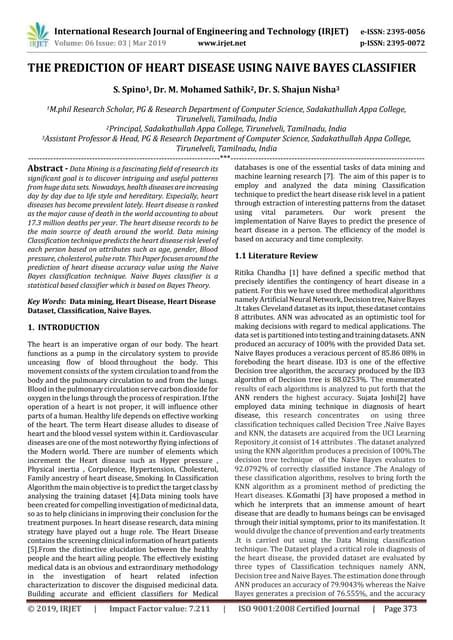 Irjet The Prediction Of Heart Disease Using Naive Bayes Classifier Pdf