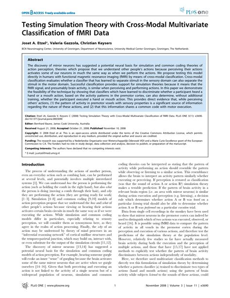 Pdf Testing Simulation Theory With Cross Modal Multivariate Classification Of Fmri Data