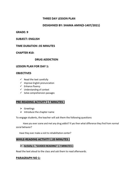 Class 9 Lesson Plan Chp 7 Pdf Reading Comprehension Drug