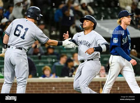 New York Yankees Willie Calhoun Center Celebrates With Jake Bauers