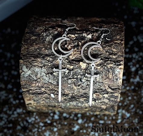 Medieval Inspired Crescent Moon Sword Earrings Dagger Earrings Gothic