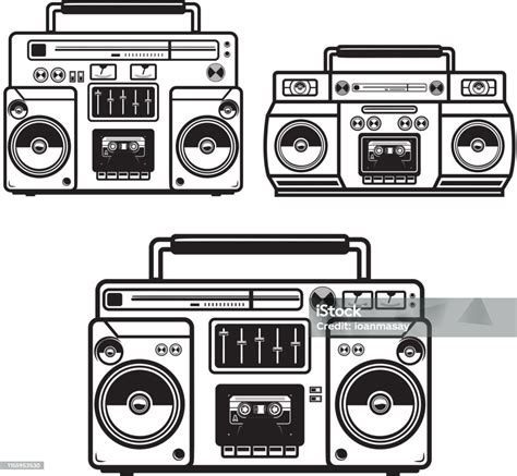 붐박스 카세트 플레이어 세트 포스터 카드 배너 전단지 엠블럼 기호에 대한 디자인 요소 벡터 일러스트레이션 대형 휴대용 카세트 라디오에 대한 스톡 벡터 아트 및 기타 이미지