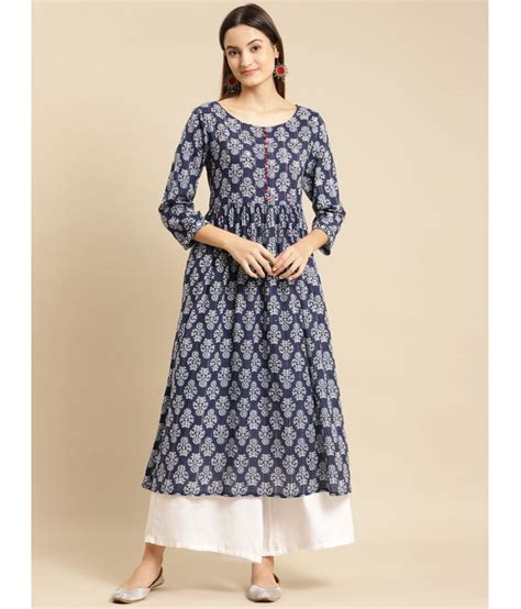 Cotton Blue Printed Calf Length Kurti For Womens Yoya