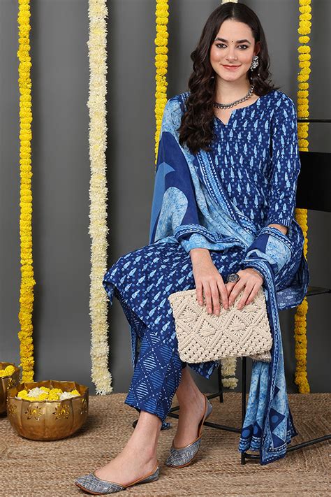 Blue Rayon Blend Ethnic Motifs Printed Straight Suit Set Shobitam