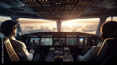 Cockpit Of Airplane Inside View Pilots In Flight Deck Of Modern