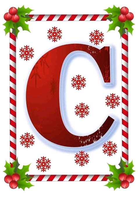 Cute Christmas Letter C Decorated With Holly And Snowflakes