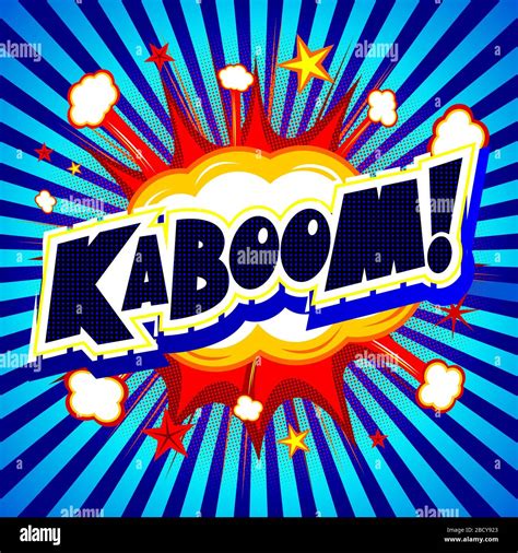 Kaboom Explosion Illustration Blue Background With Stripes Stock