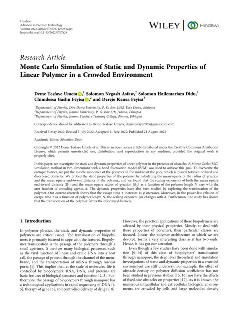 Pdf Monte Carlo Simulation Of Static And Dynamic Properties Of Linear