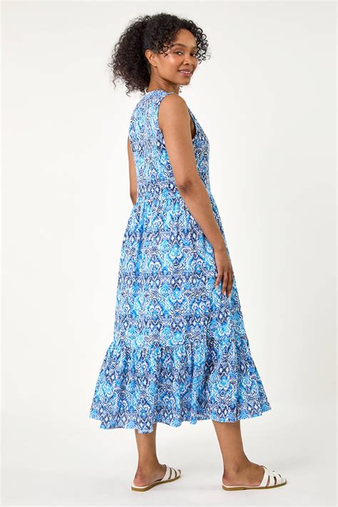 Blue Petite Aztec Print Tiered Midi Dress Roman UK