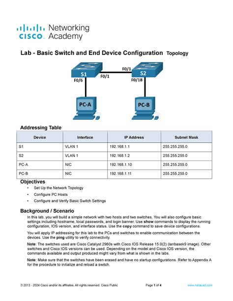 292 Lab Lab 292 Lab Basic Switch And End Device Configuration Topology Addressing
