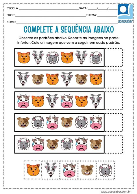 Atividade De Matemática Sequência Lógica Animais Ed Infantil E 1º