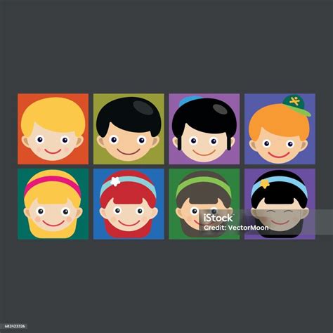 소녀 초상화 재미 행복 소년 머리 표현 귀여운 십대 만화 캐릭터 작은 아이 벡터 일러스트 귀여운에 대한 스톡 벡터 아트 및 기타 이미지 귀여운 긍정적인 감정 표현