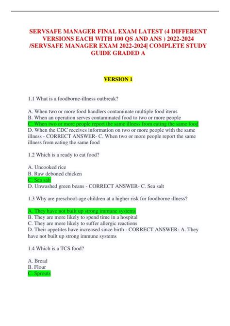SERVSAFE MANAGER FINAL EXAM LATEST 4 DIFFERENT VERSIONS EACH WITH 100 QS AND ANS SERVSAFE