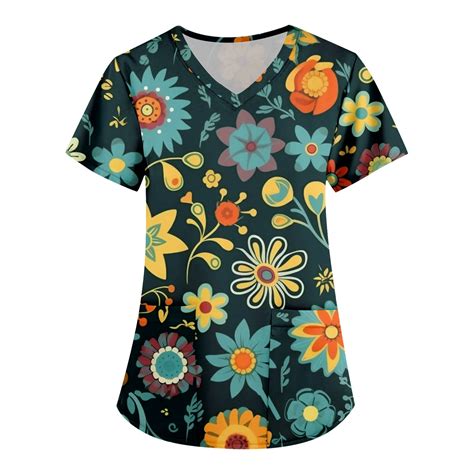 Qcmgmg Scrubs Shirts Plus Size Short Sleeve Clearance Floral Casual