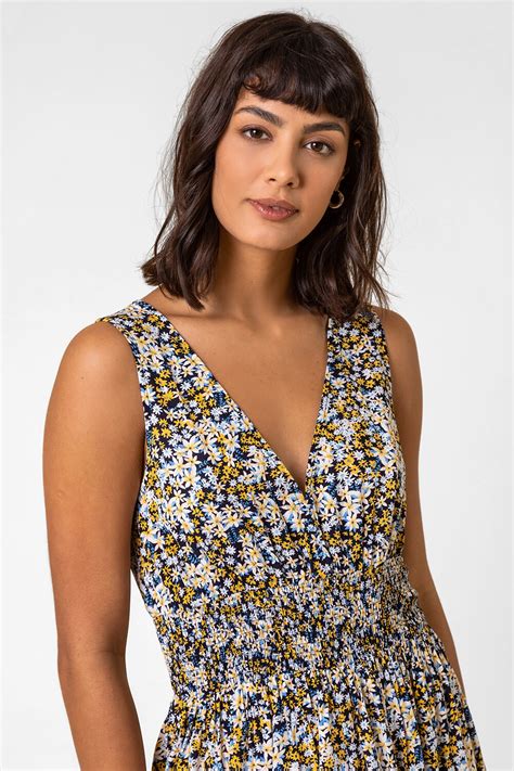 Ditsy Floral Shirred Waist Midi Dress In Multi Roman Originals UK