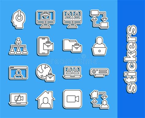 Set Line Online Working Web Camera Freelancer Video Chat Conference Hierarchy Organogram