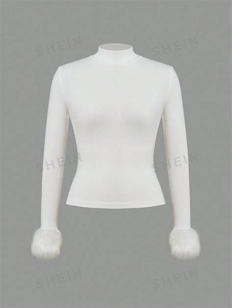 Shein Icon Mock Neck Fuzzy Cuff Fitted Tee Shein Eur
