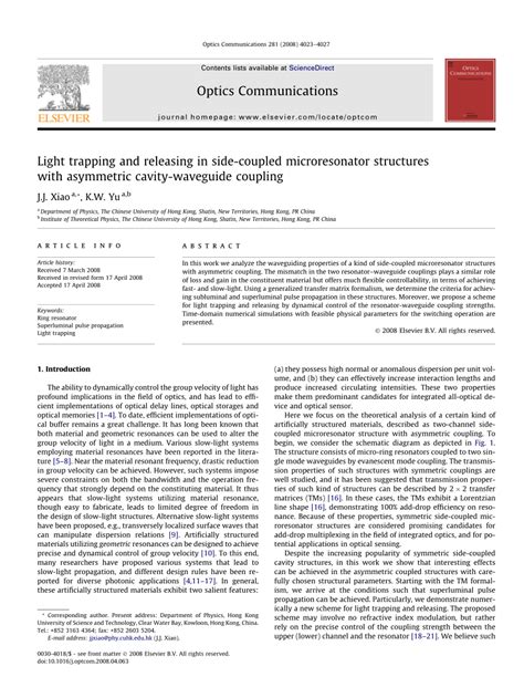 Pdf Light Trapping And Releasing In Side Coupled Microresonator Structures With Asymmetric