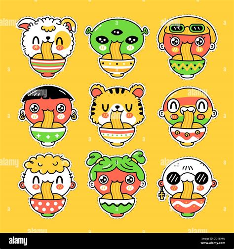 Cute Funny People Eat Noodles From Bowl Set Collection Vector Hand