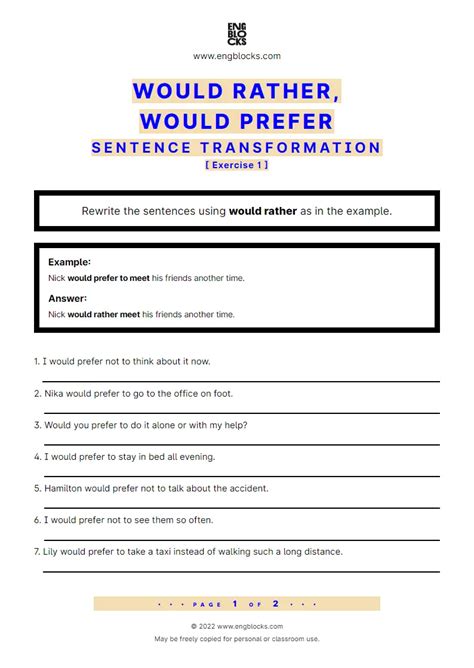Would Rather — Exercise 1 Esl Worksheets