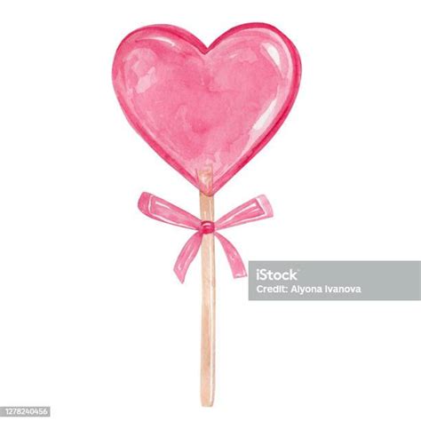 흰색 배경에 고립 된 분홍색 활이있는 막대기에 수채화 핑크 하트 모양의 롤리팝 하트 모양에 대한 스톡 벡터 아트 및 기타 이미지 하트 모양 2월 가지 식물 부위