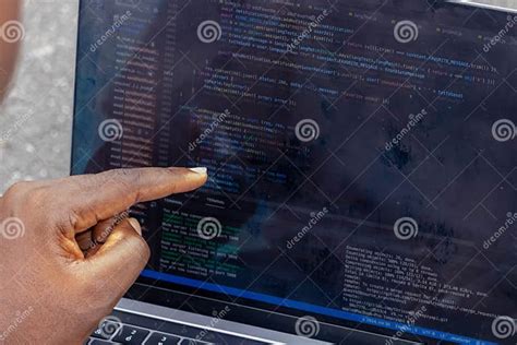 Hand Portrait Of African Web Developer Pointing Finger At Line Of