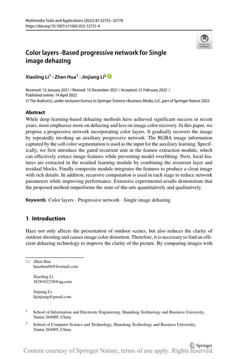 Color Layers Based Progressive Network For Single Image Dehazing Request Pdf