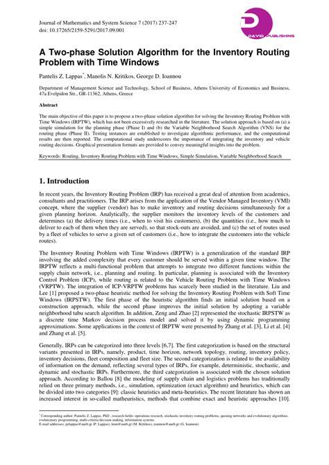Pdf A Two Phase Solution Algorithm For The Inventory Routing Problem With Time Windows