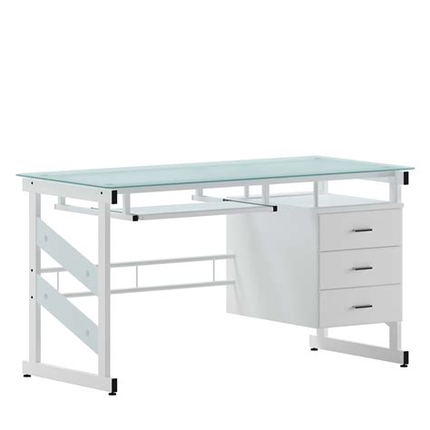 Emma And Oliver White Computer Desk With Frosted Glass Top And Three