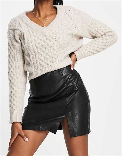 Stradivarius Faux Leather Split Detail Mini Skirt In Black Asos