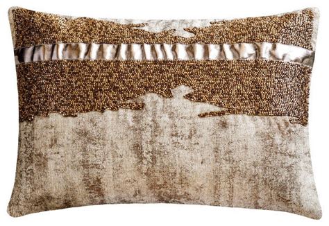 Gold Linen Lumbar Pillow Cover Foil Faux Leather And Beaded Halycon