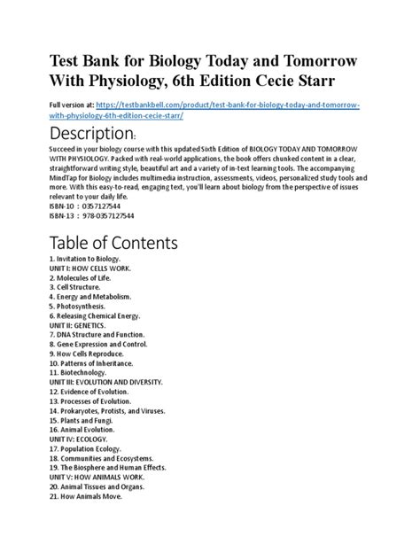 Test Bank For Biology Today And Tomorrow With Physiology 6th Edition