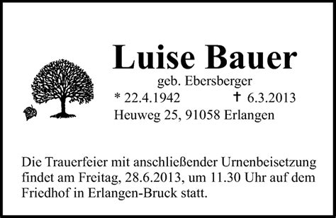 Traueranzeigen Von Luise Bauer Trauer Nn De