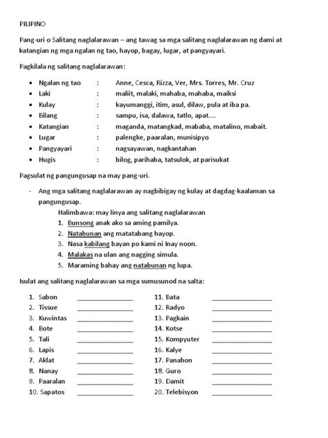 Uri Ng Pang Abay Samut Samot Worksheet