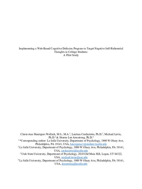 Fillable Online Implementing A Web Based Cognitive Defusion Program To