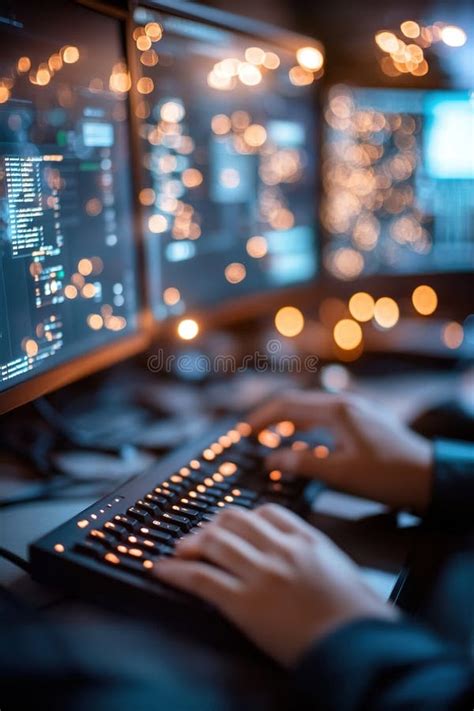 A Professional Monitors Multiple Security Feeds In A Dimly Lit Control