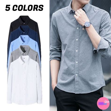 Korean Plain Slim Fit Fashion All Match Casual Long Sleeve Shirt Men
