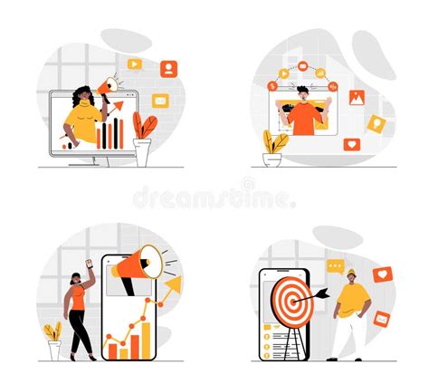Digital Marketing Concept With Character Set Vector Illustrations Stock Illustration