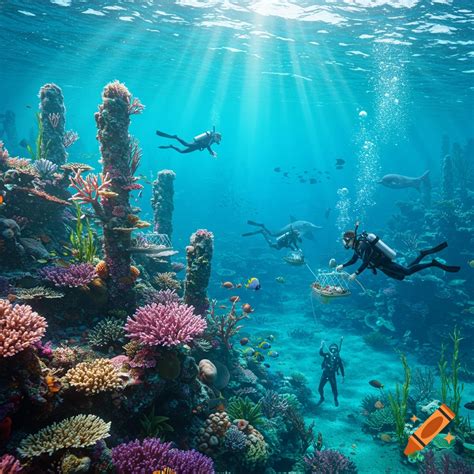 Scuba Divers Explore A Vibrant Sunlit Coral Reef Surrounded By