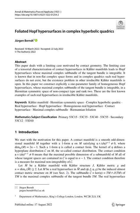 Pdf Foliated Hopf Hypersurfaces In Complex Hyperbolic Quadrics