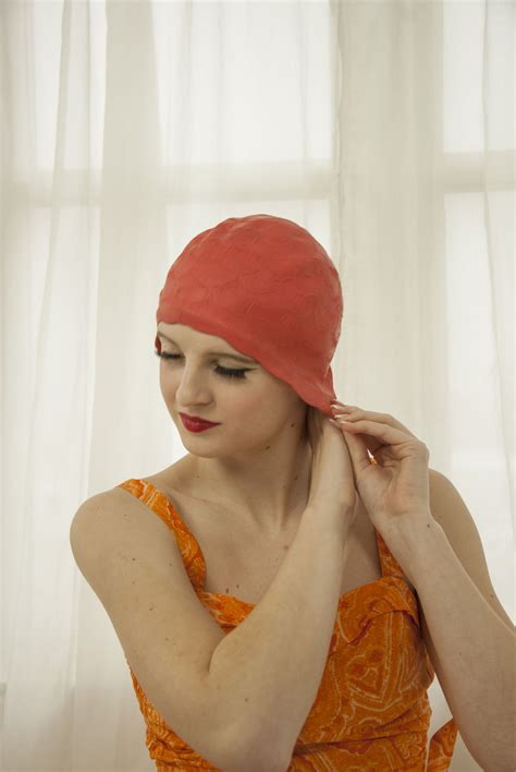 Vintage 1950s Red Petals Swim Cap Orange Floral Molded Flower Vintage