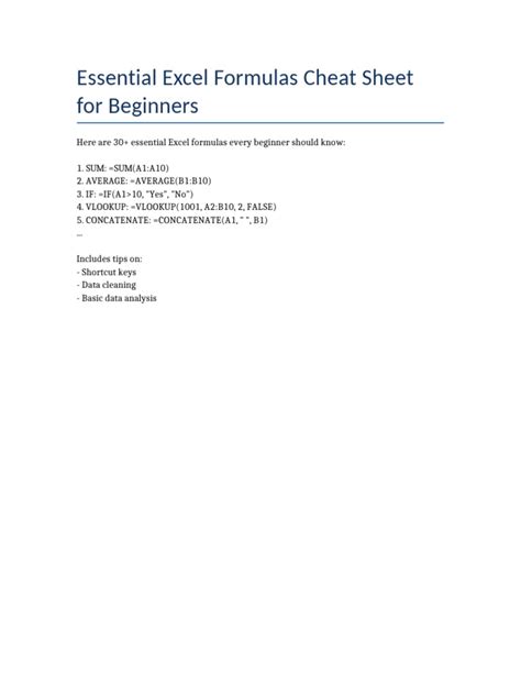 02 Essential Excel Formulas Cheat Sheet For Beginners Pdf