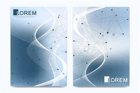 안내 책자 전단지 전단지 커버 배너 카탈로그 잡지 또는 연간 보고서 A4 크기에 대 한 최신 벡터 템플릿 Dna 나선 Dna 가닥 분자 또는 원자 신경 웨이브 흐름입니다