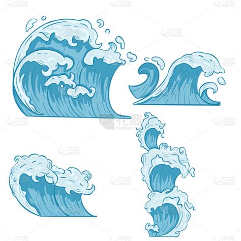 蓝色手绘国潮风水花海浪插画元素3